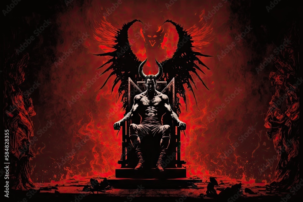 devil, sitting on throne in hell, with view of endless tortured souls ...