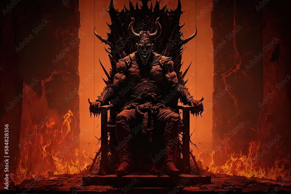 devil, sitting on throne in hell, with view of endless tortured souls, created with generative ...