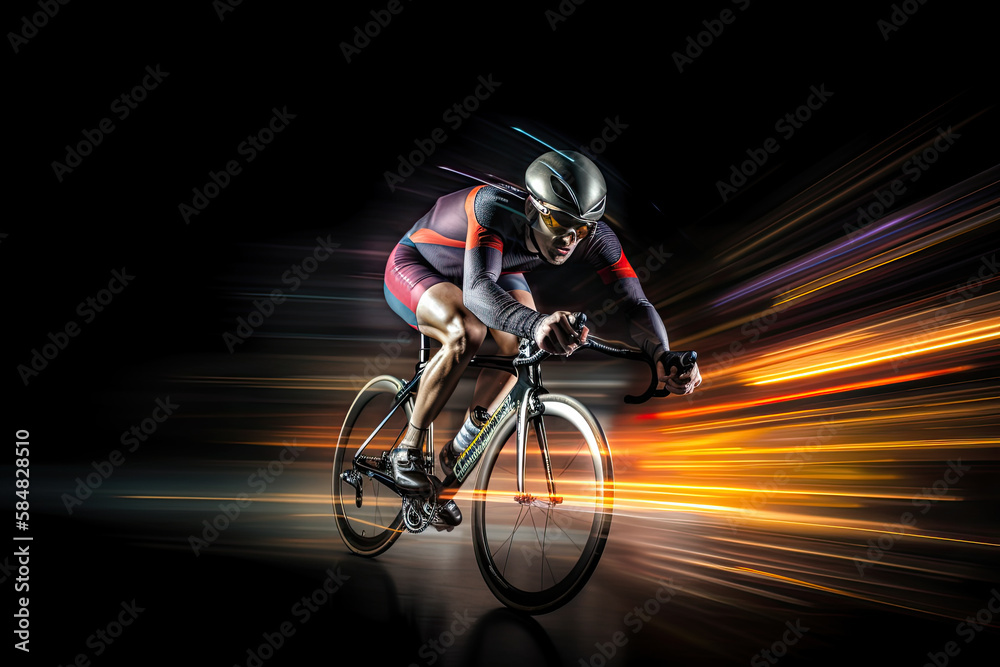 ภาพประกอบสต็อก Generative AI Illustration of a moving cyclist on dark ...