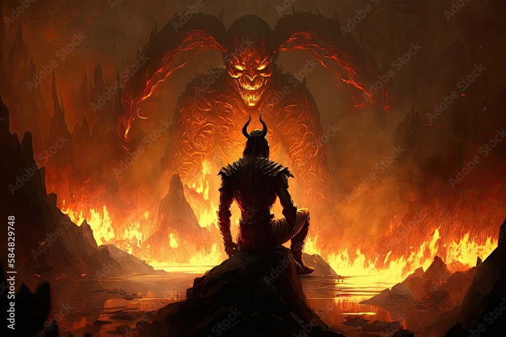 Devil Looking Over The Fiery Pits Of Hell And Various Tortured Souls Created With Generative