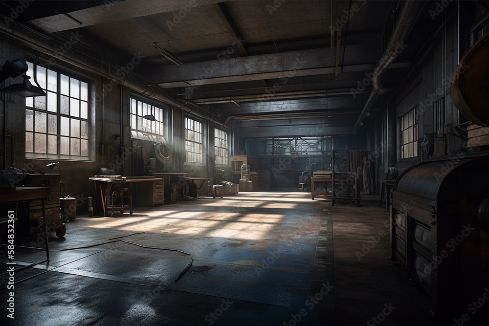 Empty industrial Room, old repair shop, created by a neural network ...