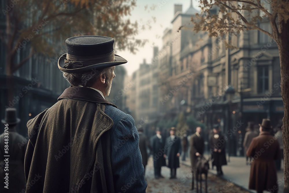 a man of the Victorian era on the background of the city, a view from ...