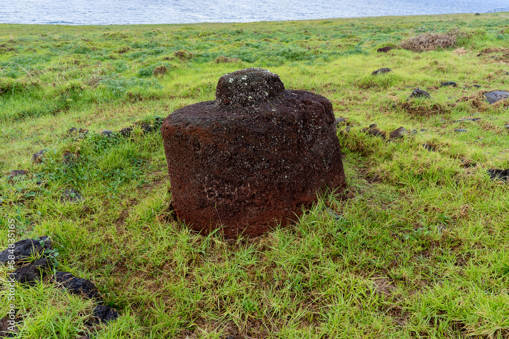 A Pukao with petroglyphs in Vinapu on Easter Island (Rapa Nui), Chile ...