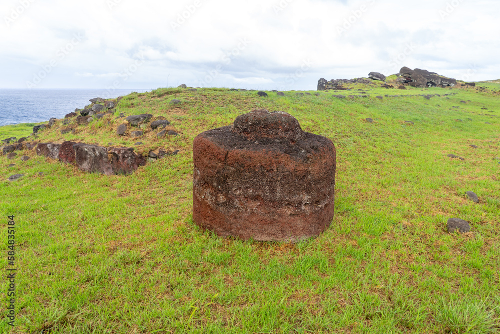 A Pukao with petroglyphs in Vinapu on Easter Island (Rapa Nui), Chile ...