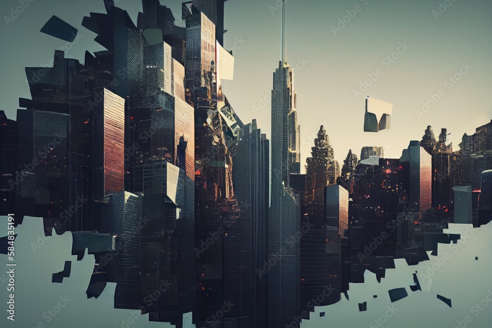 a digital glitch that makes a cityscape look like it has been torn ...