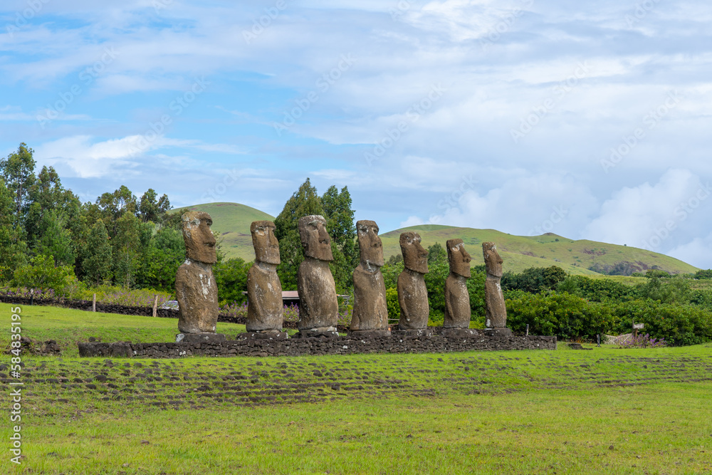 Side view of seven moai statues at Ahu Akivi, the only ahu with moai ...