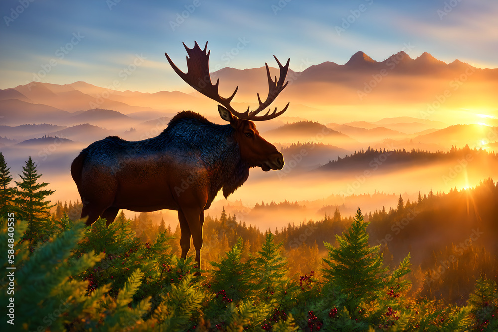Big male Bull moose in deep coniferous forest in rays of sunset, AI ...