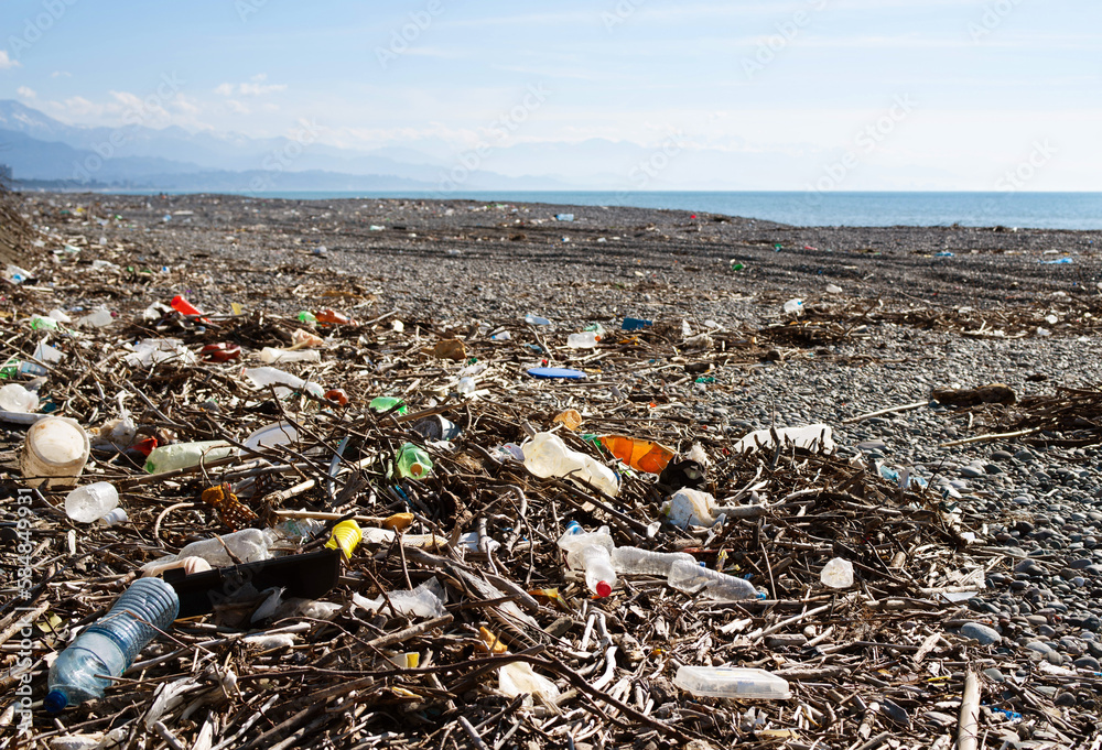 Plastic bottles and other rubbish after a storm on a pebbly beach by ...