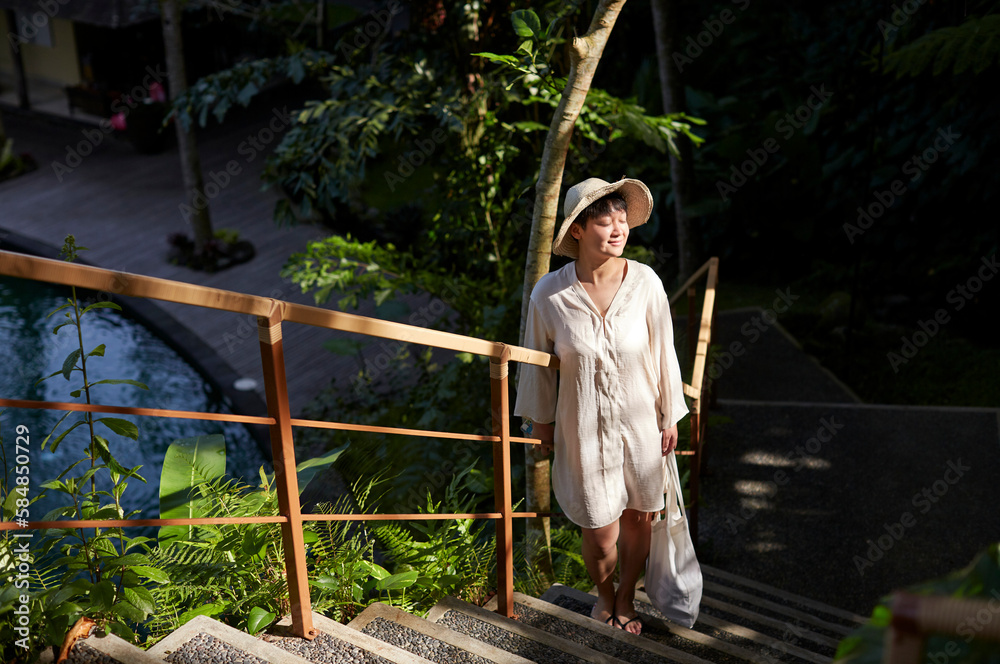 Asian woman on the steps in the woods in Southeast Asian style Stock ...