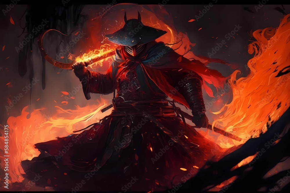 A samurai in a demonic red mask on the battlefield makes a swing with a ...