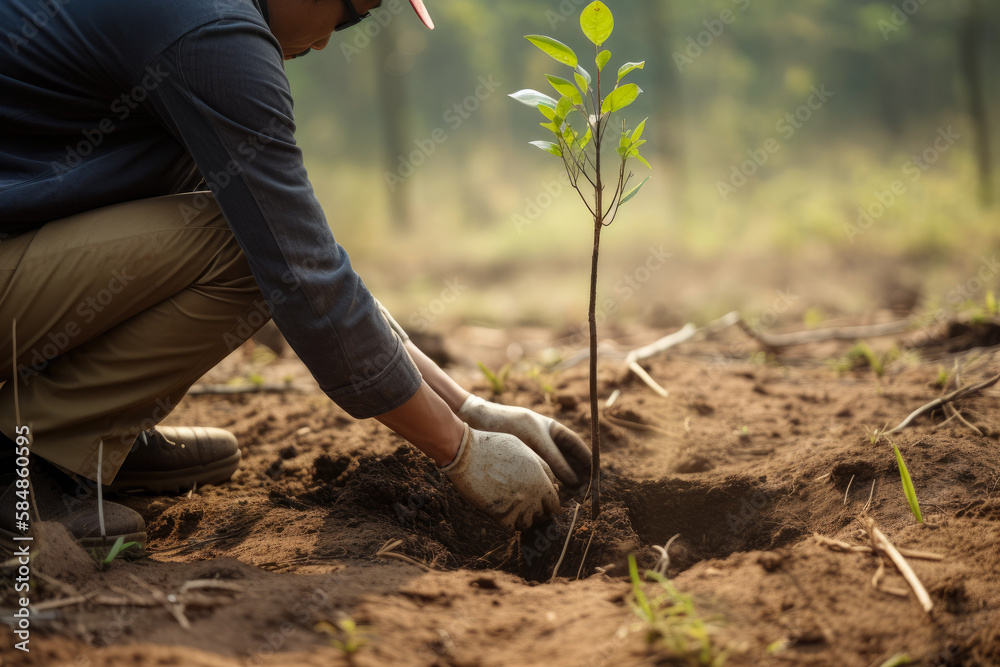 The Start of a New Ecosystem Person Planting a Tree in a Deforested ...