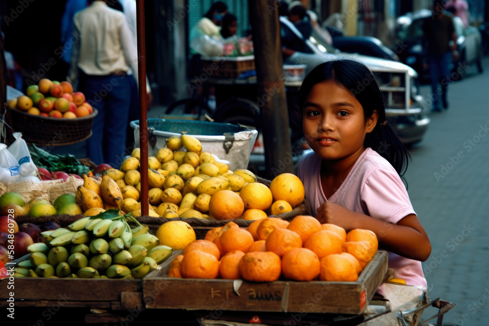 Young Girl Selling Fruits on the Street Corner in a Busy City ...