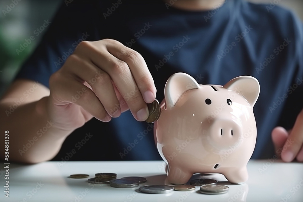Feche a mão do jovem empresário asiático, homem colocando moedas em uma ...