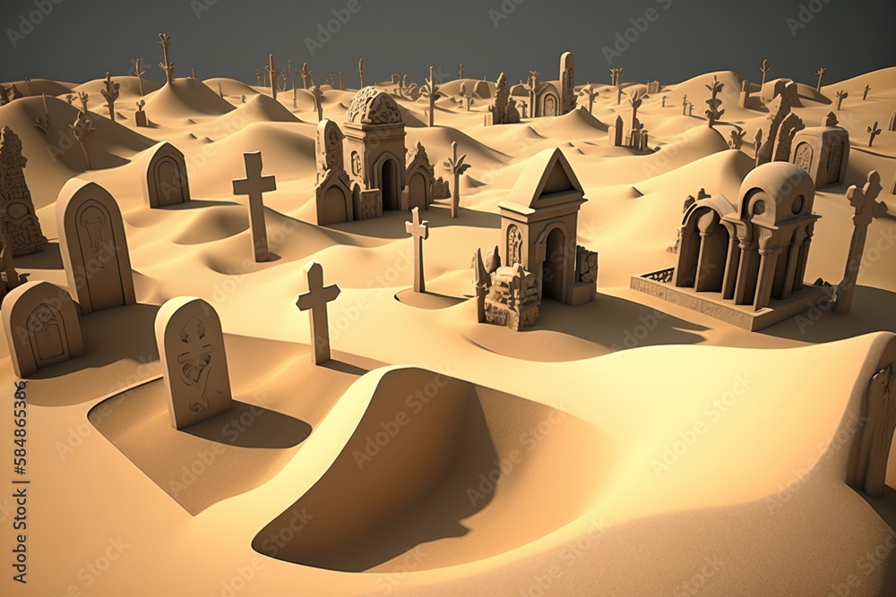Graveyard with graves made of sand, concept of Sand art and Cemetery ...
