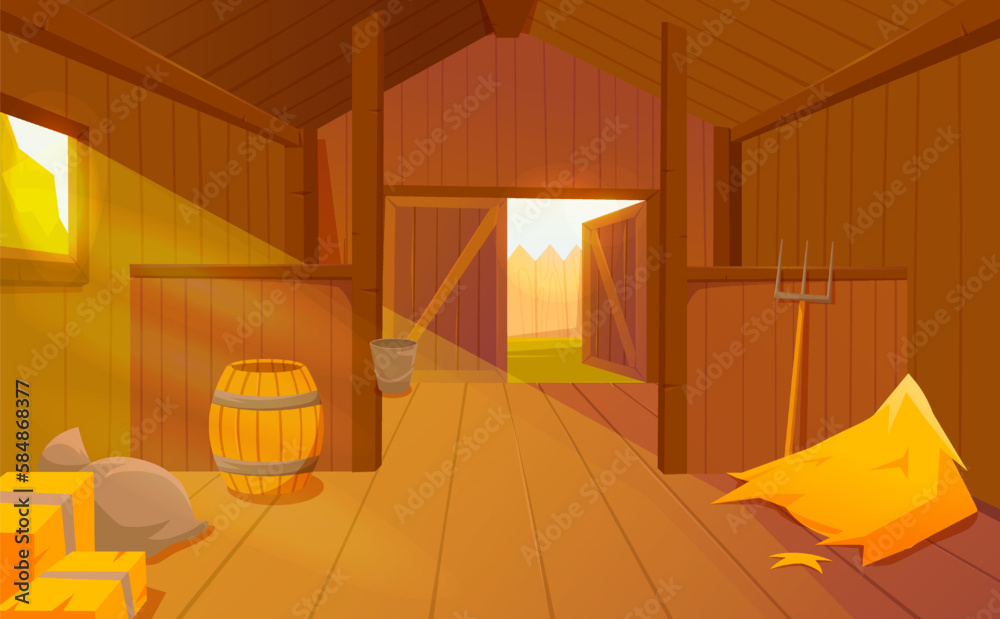 Barn interior concept. Hay and villas with barrel in barn, farming and ...