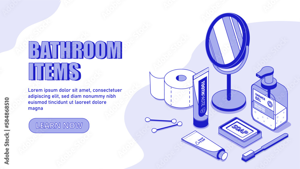 Personal hygiene products. Toothpaste, antibacterial gel, mirror and ...