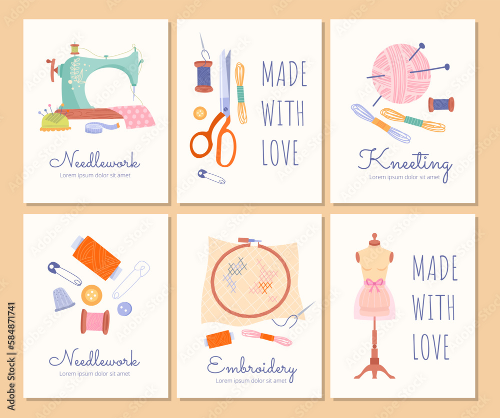 Needlework posters set. Collection of graphic elements for website ...