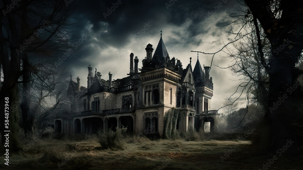 Desolate Gothic castle with haunting specters and ominous aura ...