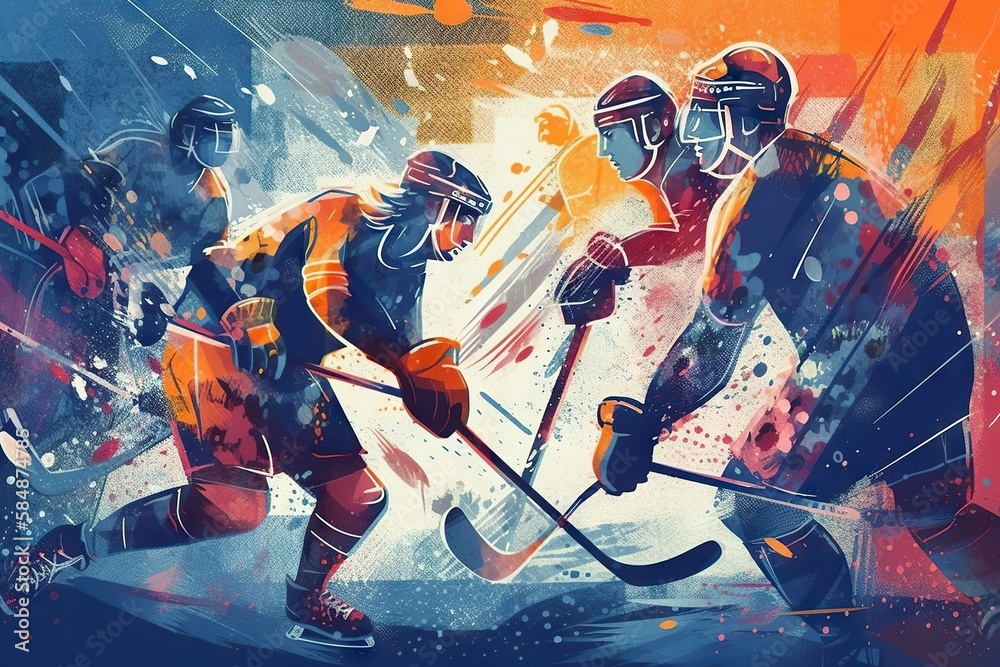 A Painting Of Two Hockey Players Playing A Game Of Ice Hockey Ice Rink ...