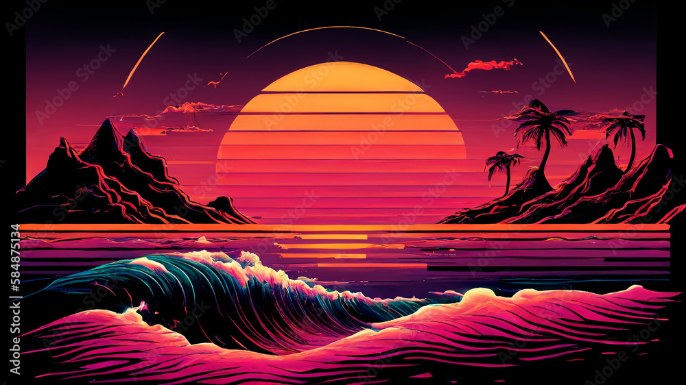 Synthwave sunset 80s retro beach landscape with arching wave Stock ...