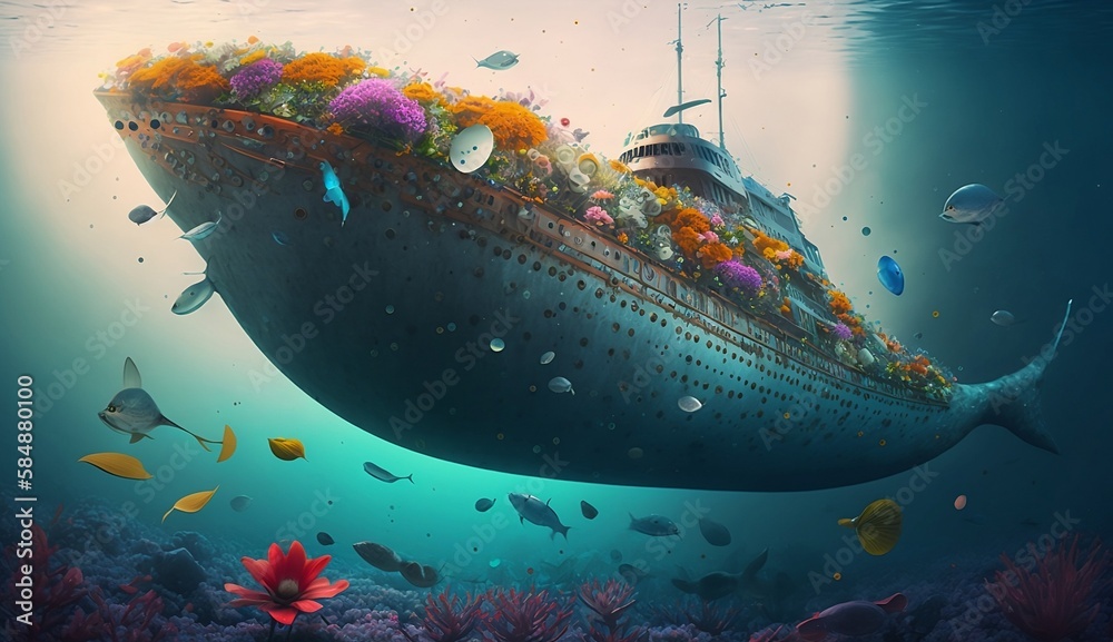 Submarine shaped like a whale. Illustration of a diving submarine ...