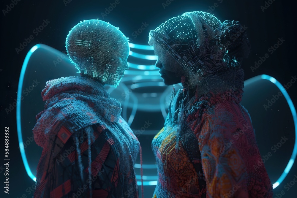 Two People Standing In Front Of A Neon Light In A Futuristic Setting ...