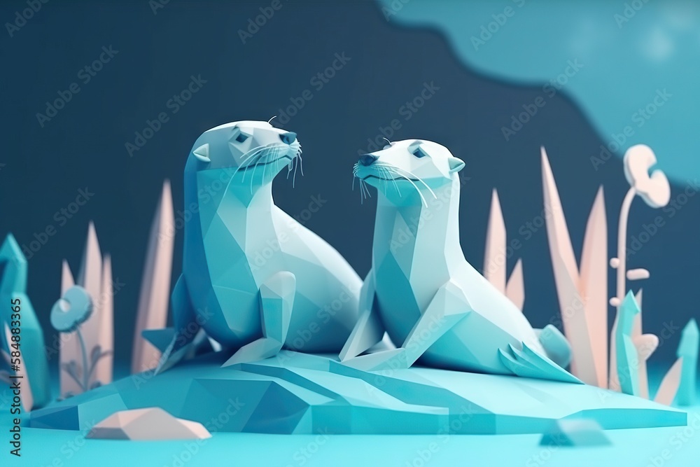 Two Sea Lions Sitting On Top Of A Blue Iceberg With Plants Arctic Sea ...