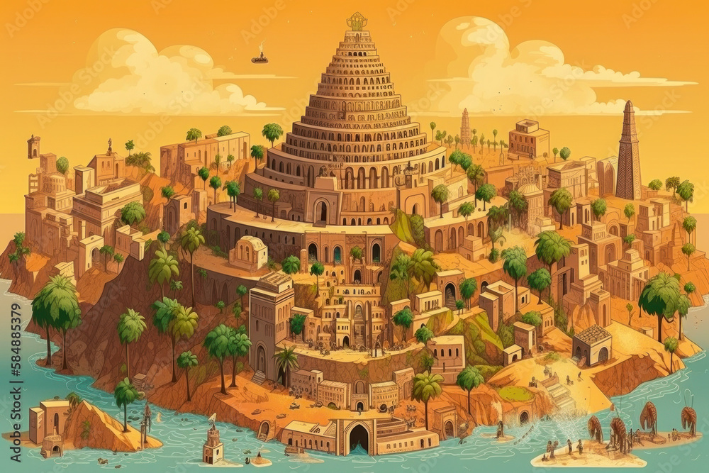 Ancient city of Babylon with the tower of Babel, bible and religion. AI ...