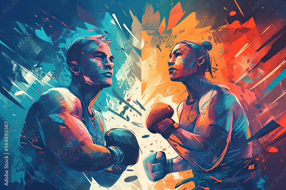 Two People In Boxing Stances With A Colorful Background Behind Them ...