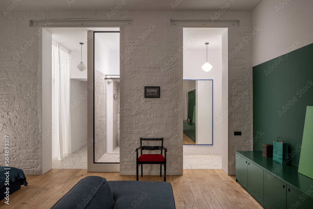 Green loft interior of cozy living room. Interior Design Stock Photo ...