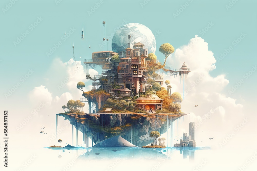 A Surreal City Floating In The Air With A Sky Background And Clouds ...