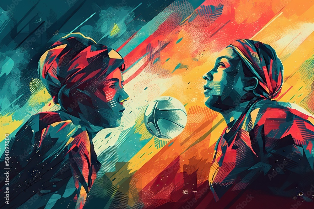 A Painting Of Two People Facing Each Other With A Ball In Front Of Them ...
