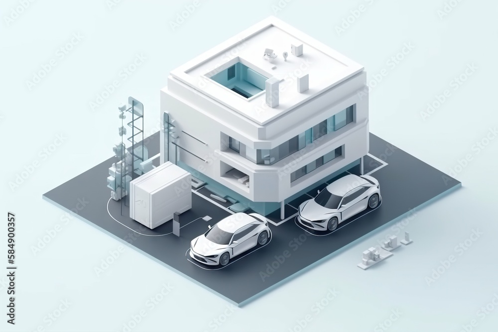 A White Building With Cars Parked In Front Of It And A Car Charging ...