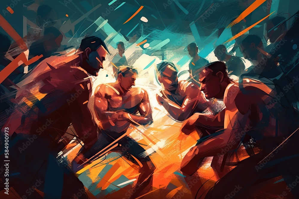 ภาพประกอบสต็อก A Painting Of A Group Of Men Wrestling In A Ring Of Fire ...