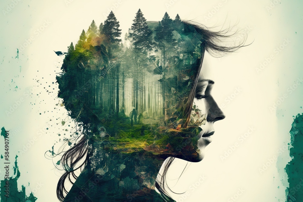 Double exposure image of woman portrait with natural freshness of ...