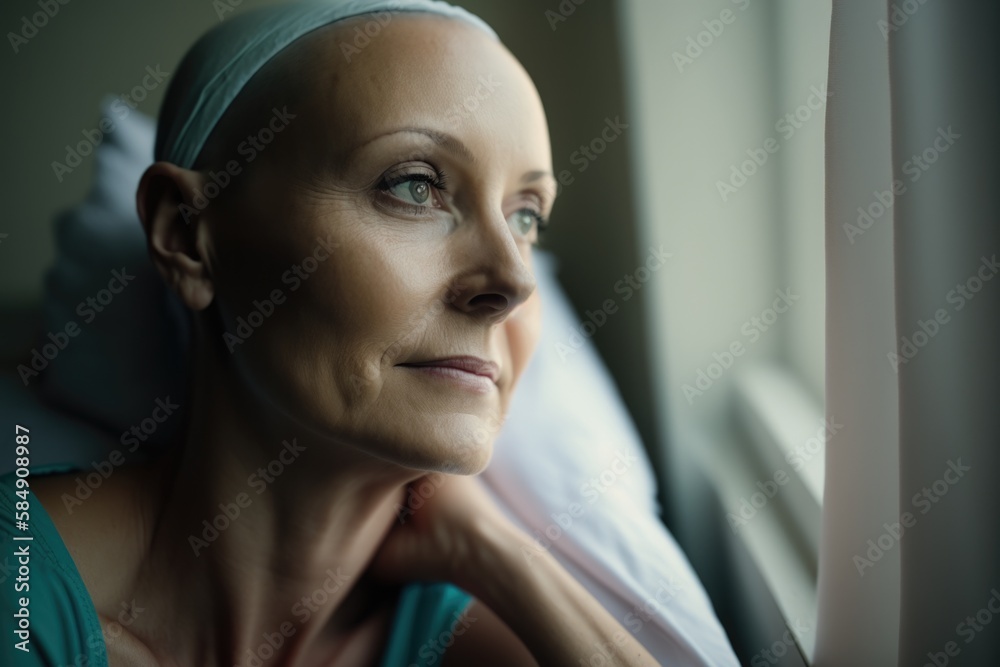 A Woman With A Bald Head Looking Out A Window At The Camera Hospital ...