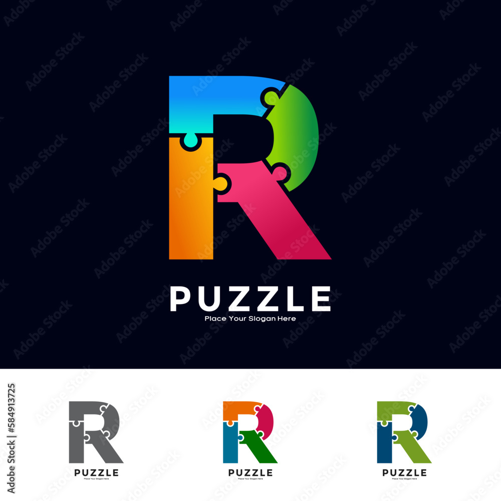 Abstract letter R puzzle pieces colorful vector logo template. Suitable ...