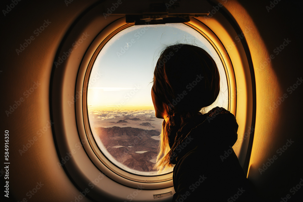Young girl looking out of airplane window. Generative AI. Stock ...