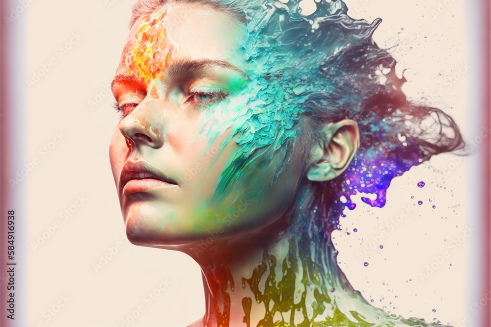 Wondrous illustration portrait woman with colorful iridescent exploding ...