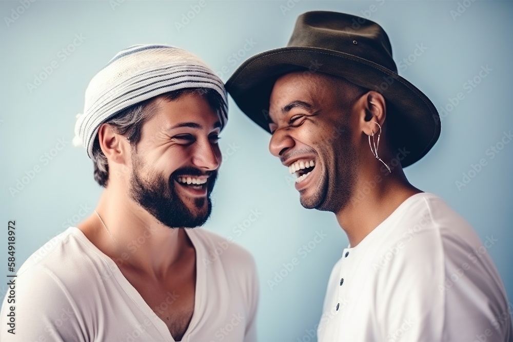 Two Men Laughing And Wearing Hats Against A Blue Background Photo By ...