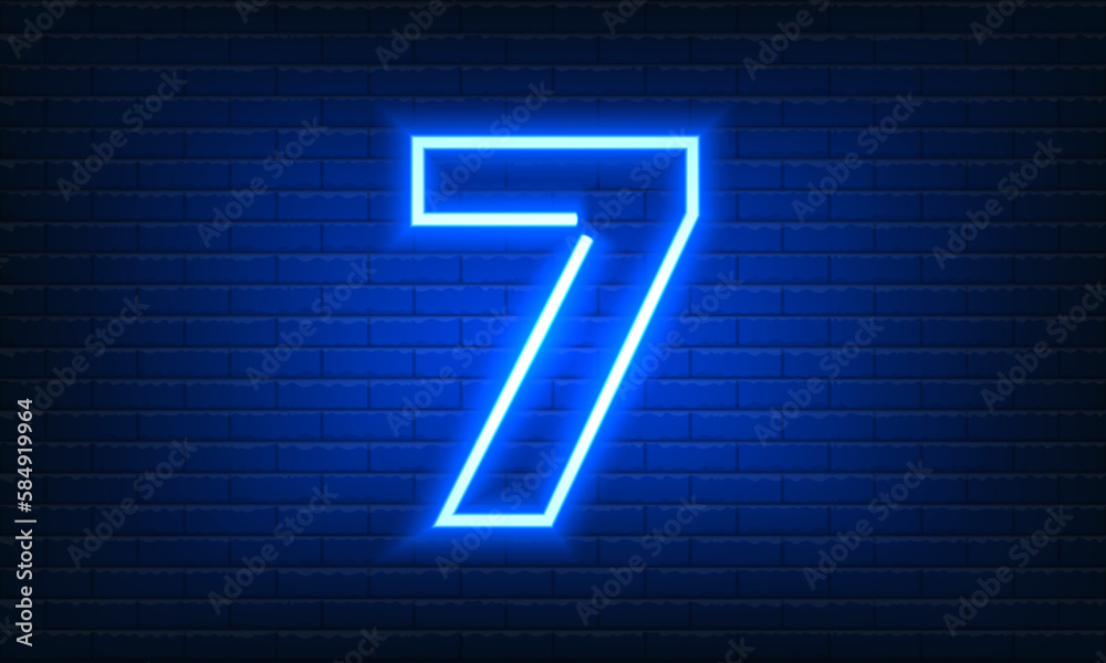 Number Seven neon sign on brick wall background. Vintage blue electric ...