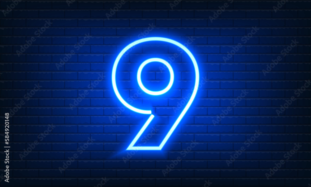 Number Nine neon sign on brick wall background. Vintage blue electric ...