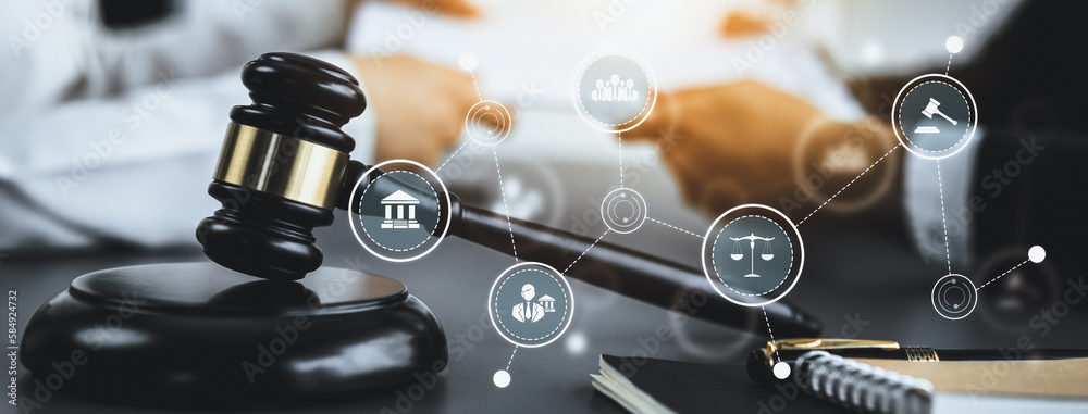 Smart law, legal advice icons and lawyer working tools in the lawyers ...