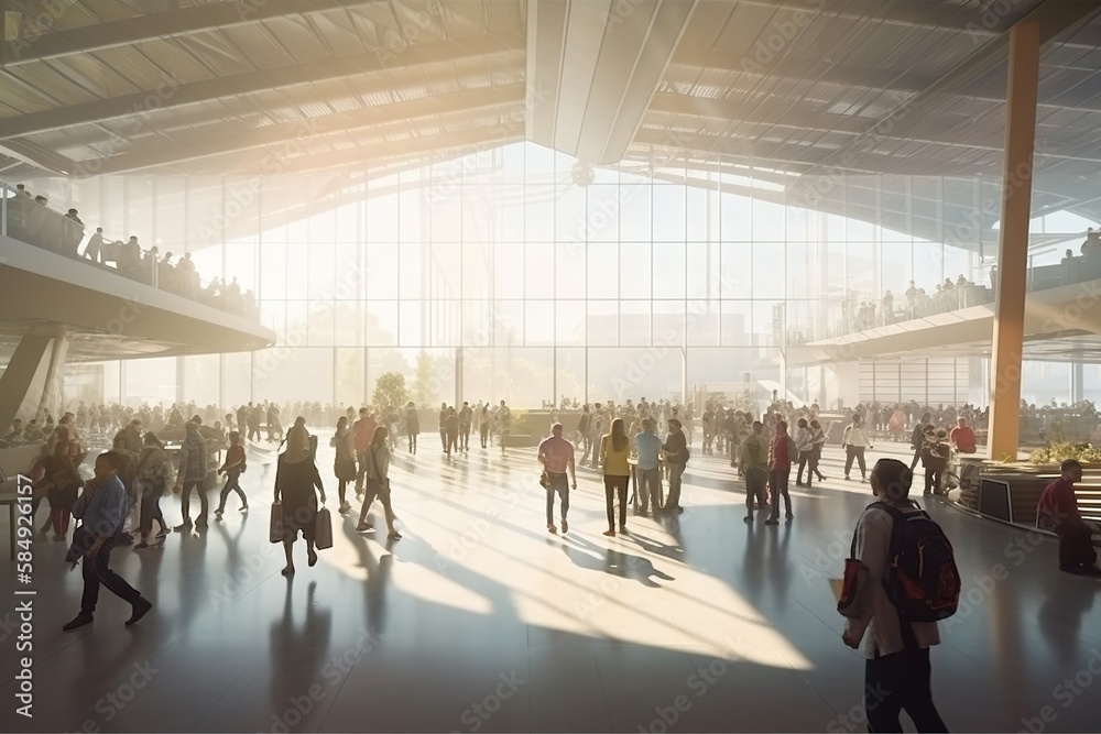 A Large Group Of People Walking Around A Building With Lots Of Windows ...