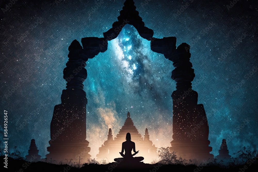 astral body silhouette in lotus pose practicing yoga, generate AI Stock ...