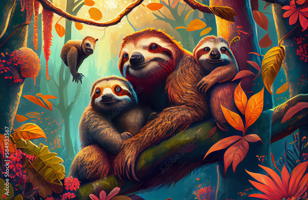 Colorful Jungle with a family of slow loris monkeys, forest natural ...