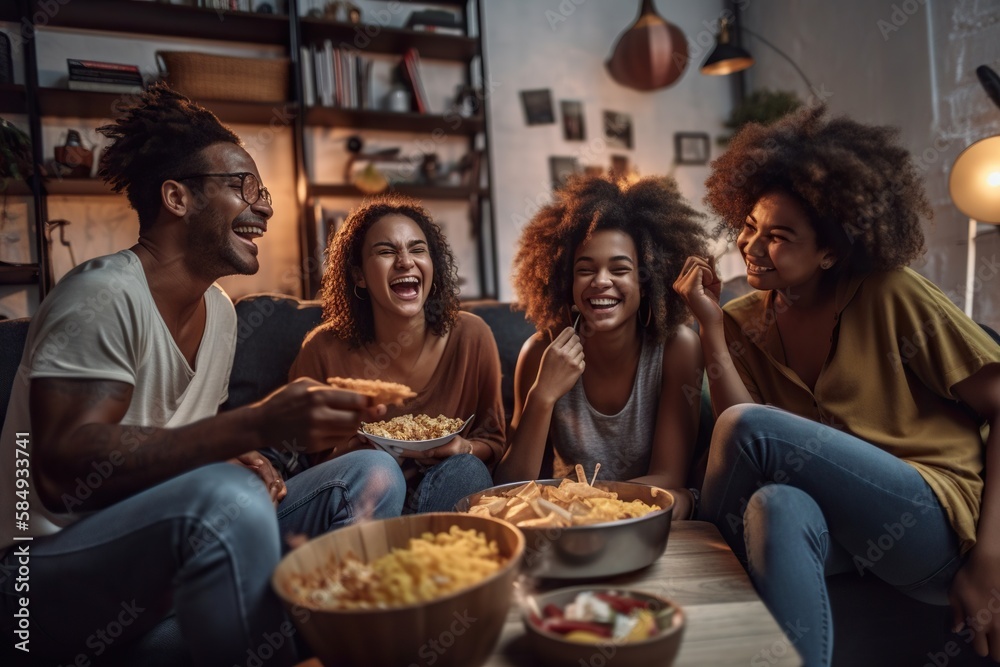 A Group Of People Sitting Around A Table Eating Food And Laughing ...