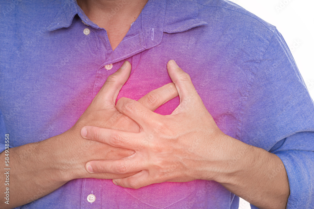 Hands holding chest with symptom heart attack disease. Stock Photo ...