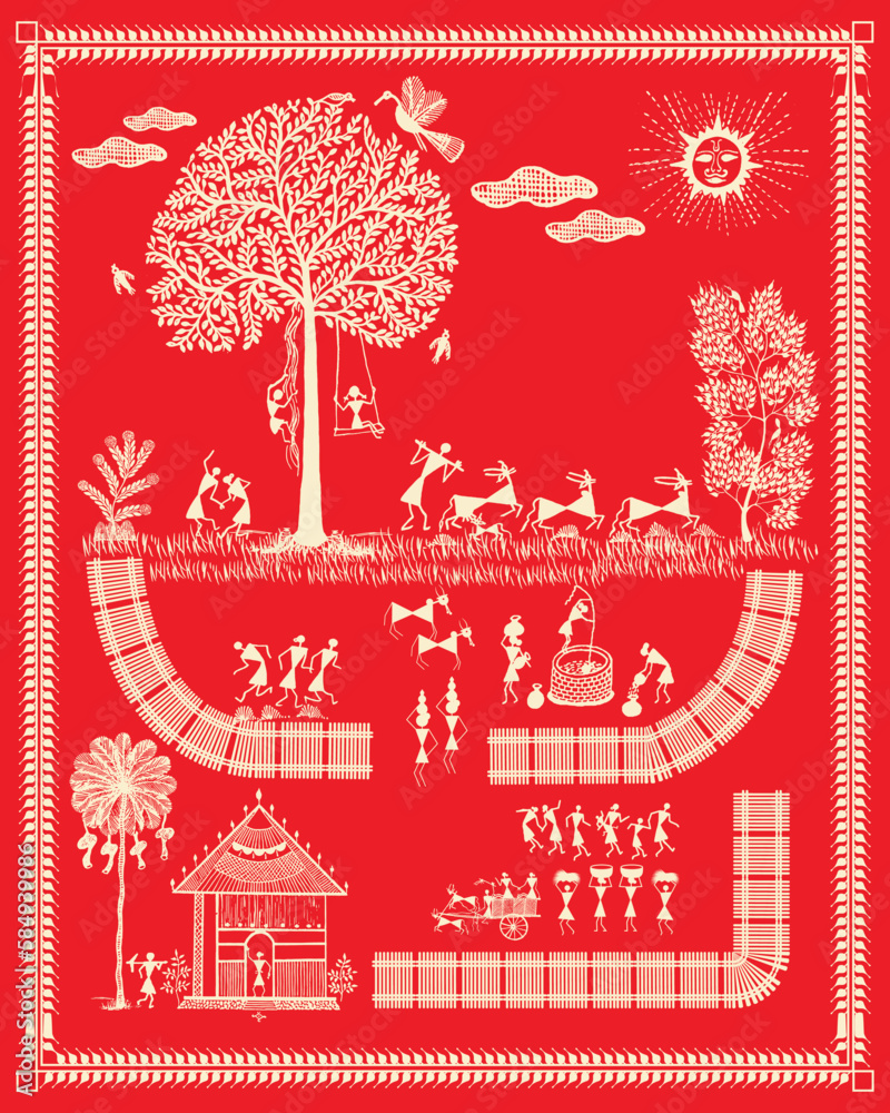 Vetor de Beautiful warli painting. True life in indian village. Bird ...