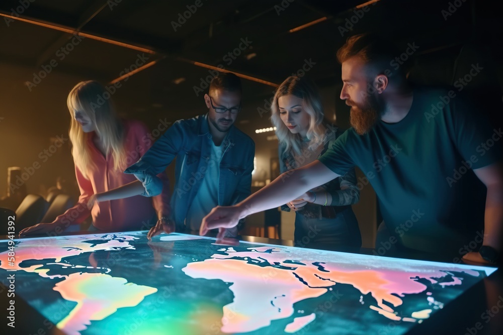 A Group Of People Looking At A Projection Map Of The World Deep Sea ...